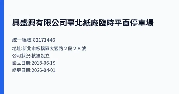 興盛興有限公司臺北紙廠臨時平面停車場的照片-統編 82171446(新北市) 公司登記資料與營業項目詳細圖表