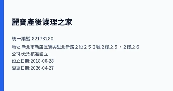 麗寶產後護理之家的照片-統編 82173280(新北市) 公司登記資料與營業項目詳細圖表