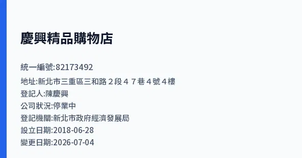 慶興精品購物店的照片-統編 82173492(新北市) 公司登記資料與營業項目詳細圖表