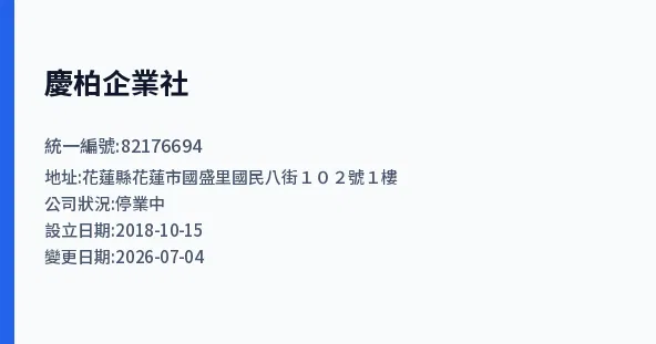 慶柏企業社的照片-統編 82176694(花蓮縣) 公司登記資料與營業項目詳細圖表