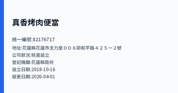 真香烤肉便當的照片-統編 82176717(花蓮縣) 公司登記資料與營業項目詳細圖表