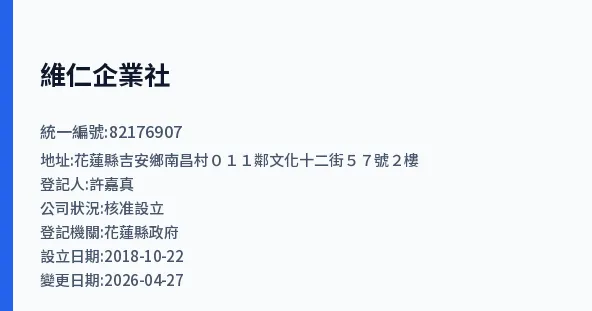 維仁企業社的照片-統編 82176907(花蓮縣) 公司登記資料與營業項目詳細圖表