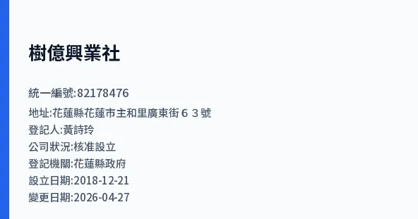 樹億興業社的照片-統編 82178476(花蓮縣) 公司登記資料與營業項目詳細圖表