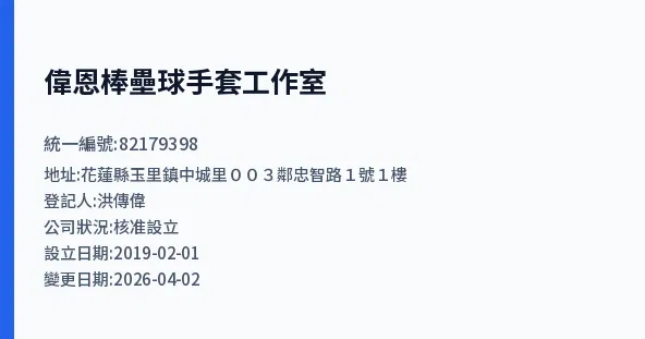 偉恩棒壘球手套工作室的照片-統編 82179398(花蓮縣) 公司登記資料與營業項目詳細圖表
