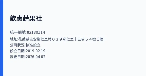 歆惠蔬果社的照片-統編 82180114(花蓮縣) 公司登記資料與營業項目詳細圖表