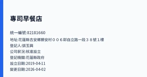 專司早餐店的照片-統編 82181660(花蓮縣) 公司登記資料與營業項目詳細圖表