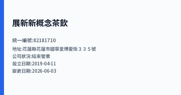 展新新概念茶飲的照片-統編 82181710(花蓮縣) 公司登記資料與營業項目詳細圖表