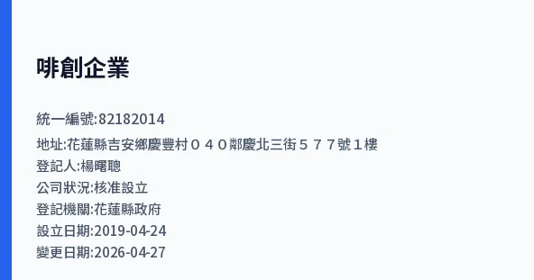 啡創企業的照片-統編 82182014(花蓮縣) 公司登記資料與營業項目詳細圖表