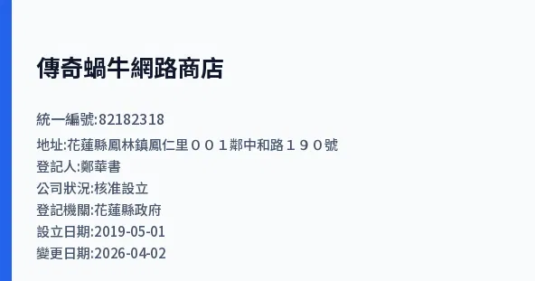 傳奇蝸牛網路商店的照片-統編 82182318(花蓮縣) 公司登記資料與營業項目詳細圖表