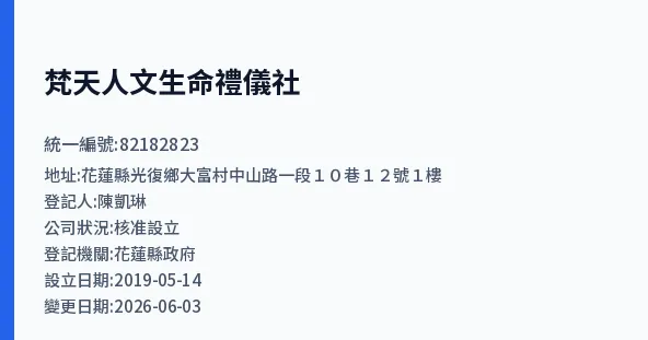 梵天人文生命禮儀社的照片-統編 82182823(花蓮縣) 公司登記資料與營業項目詳細圖表