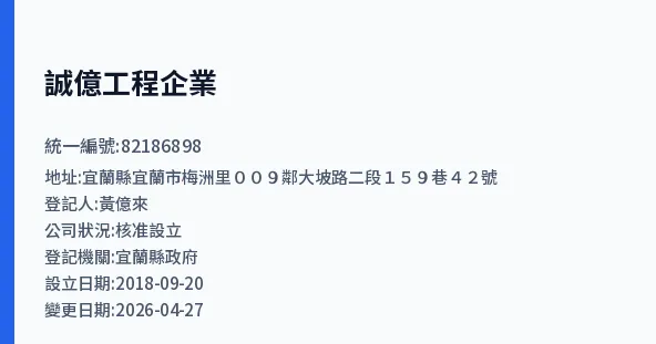 誠億工程企業的照片-統編 82186898(宜蘭縣) 公司登記資料與營業項目詳細圖表