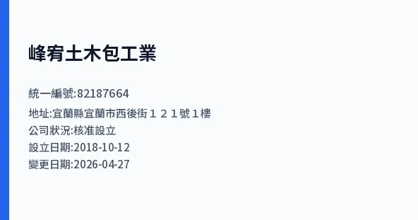 峰宥土木包工業的照片-統編 82187664(宜蘭縣) 公司登記資料與營業項目詳細圖表