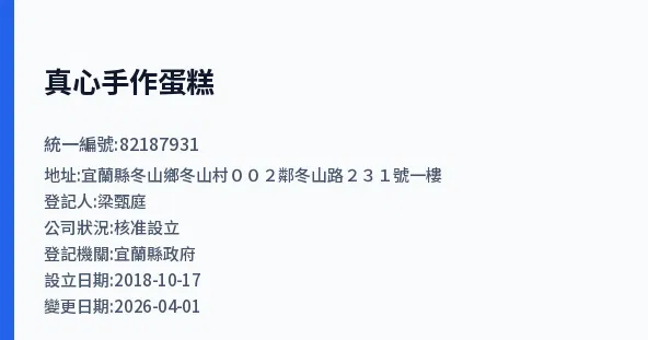 真心手作蛋糕的照片-統編 82187931(宜蘭縣) 公司登記資料與營業項目詳細圖表
