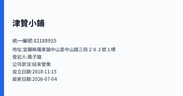 津贊小鋪的照片-統編 82188925(宜蘭縣) 公司登記資料與營業項目詳細圖表