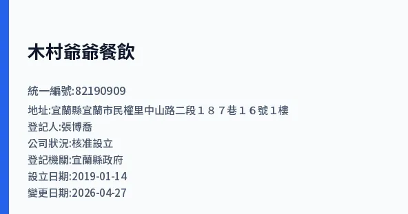 木村爺爺餐飲的照片-統編 82190909(宜蘭縣) 公司登記資料與營業項目詳細圖表
