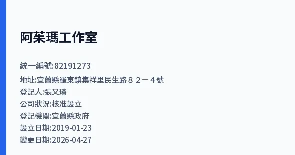 阿茱瑪工作室的照片-統編 82191273(宜蘭縣) 公司登記資料與營業項目詳細圖表