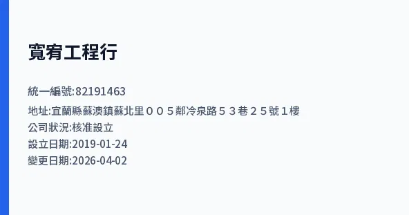 寬宥工程行的照片-統編 82191463(宜蘭縣) 公司登記資料與營業項目詳細圖表