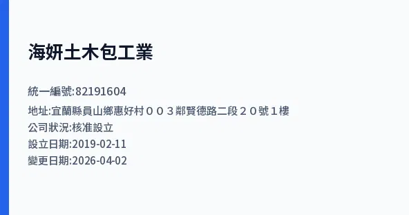 海妍土木包工業的照片-統編 82191604(宜蘭縣) 公司登記資料與營業項目詳細圖表