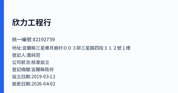 欣力工程行的照片-統編 82192759(宜蘭縣) 公司登記資料與營業項目詳細圖表