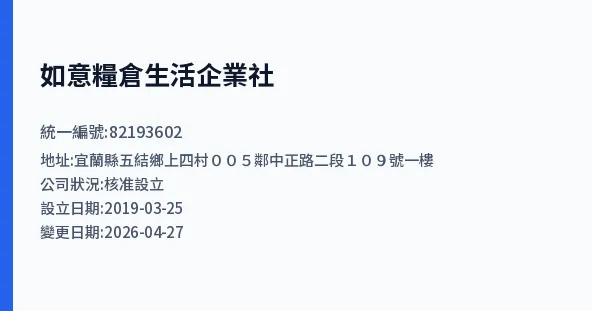 如意糧倉生活企業社的照片-統編 82193602(宜蘭縣) 公司登記資料與營業項目詳細圖表