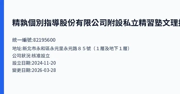 精孰個別指導股份有限公司附設私立精習塾文理技藝短期補習班的照片-統編 82195600(新北市) 公司登記資料與營業項目詳細圖表