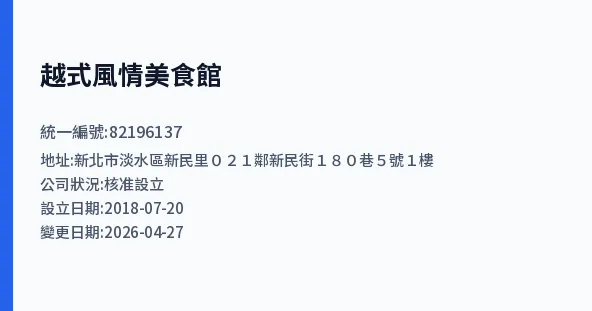 越式風情美食館的照片-統編 82196137(新北市) 公司登記資料與營業項目詳細圖表