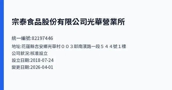宗泰食品股份有限公司光華營業所的照片-統編 82197446(花蓮縣) 公司登記資料與營業項目詳細圖表
