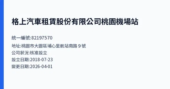 格上汽車租賃股份有限公司桃園機場站的照片-統編 82197570(桃園市) 公司登記資料與營業項目詳細圖表
