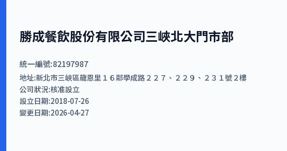 勝成餐飲股份有限公司三峽北大門市部的照片-統編 82197987(新北市) 公司登記資料與營業項目詳細圖表