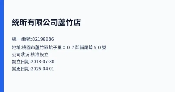 統昕有限公司蘆竹店的照片-統編 82198986(桃園市) 公司登記資料與營業項目詳細圖表