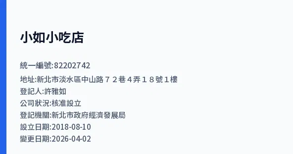 小如小吃店的照片-統編 82202742(新北市) 公司登記資料與營業項目詳細圖表