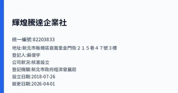 輝煌騰達企業社的照片-統編 82203833(新北市) 公司登記資料與營業項目詳細圖表