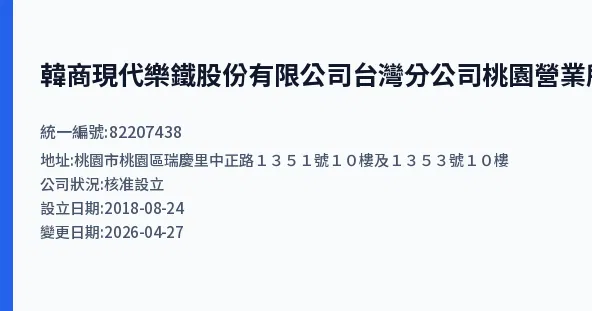韓商現代樂鐵股份有限公司台灣分公司桃園營業所的照片-統編 82207438(桃園市) 公司登記資料與營業項目詳細圖表