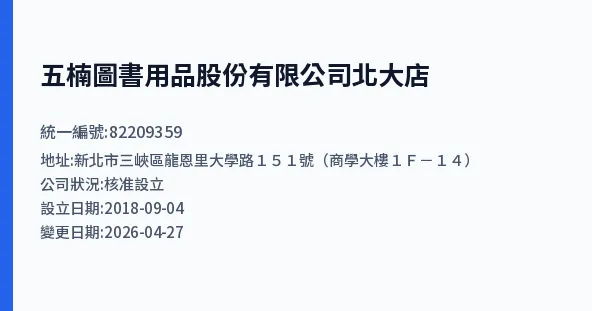 五楠圖書用品股份有限公司北大店的照片-統編 82209359(新北市) 公司登記資料與營業項目詳細圖表