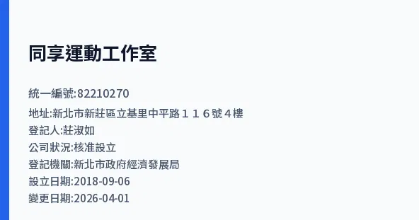 同享運動工作室的照片-統編 82210270(新北市) 公司登記資料與營業項目詳細圖表