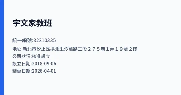 宇文家教班的照片-統編 82210335(新北市) 公司登記資料與營業項目詳細圖表