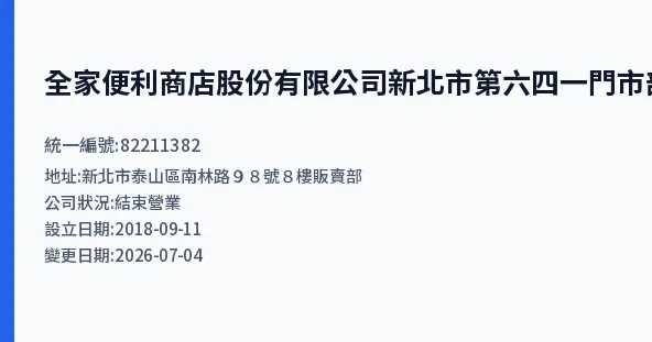 全家便利商店股份有限公司新北市第六四一門市部的照片-統編 82211382(新北市) 公司登記資料與營業項目詳細圖表