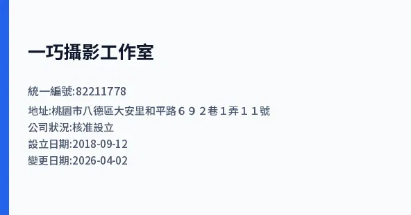 一巧攝影工作室的照片-統編 82211778(桃園市) 公司登記資料與營業項目詳細圖表