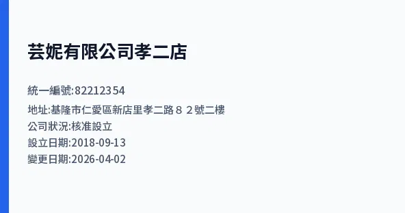 芸妮有限公司孝二店的照片-統編 82212354(基隆市) 公司登記資料與營業項目詳細圖表