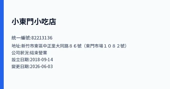 小東門小吃店的照片-統編 82213136(新竹市) 公司登記資料與營業項目詳細圖表
