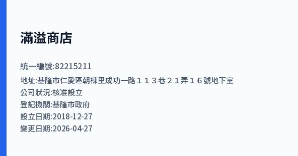 滿溢商店的照片-統編 82215211(基隆市) 公司登記資料與營業項目詳細圖表