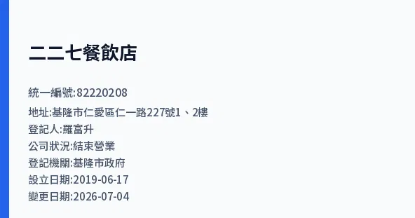 二二七餐飲店的照片-統編 82220208(基隆市) 公司登記資料與營業項目詳細圖表