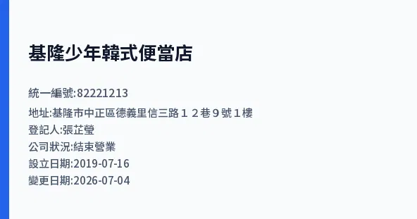 基隆少年韓式便當店的照片-統編 82221213(基隆市) 公司登記資料與營業項目詳細圖表