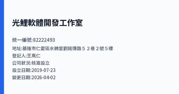 光鯉軟體開發工作室的照片-統編 82222493(基隆市) 公司登記資料與營業項目詳細圖表