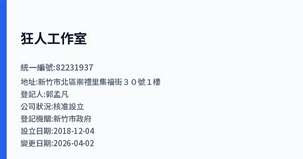 狂人工作室的照片-統編 82231937(新竹市) 公司登記資料與營業項目詳細圖表