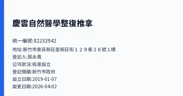 慶雲自然醫學整復推拿的照片-統編 82232942(新竹市) 公司登記資料與營業項目詳細圖表