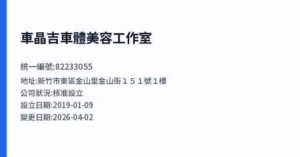 車晶吉車體美容工作室的照片-統編 82233055(新竹市) 公司登記資料與營業項目詳細圖表