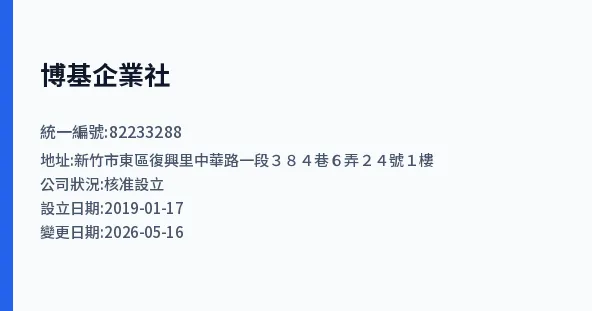 博基企業社的照片-統編 82233288(新竹市) 公司登記資料與營業項目詳細圖表