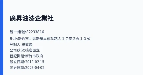 廣昇油漆企業社的照片-統編 82233816(新竹市) 公司登記資料與營業項目詳細圖表