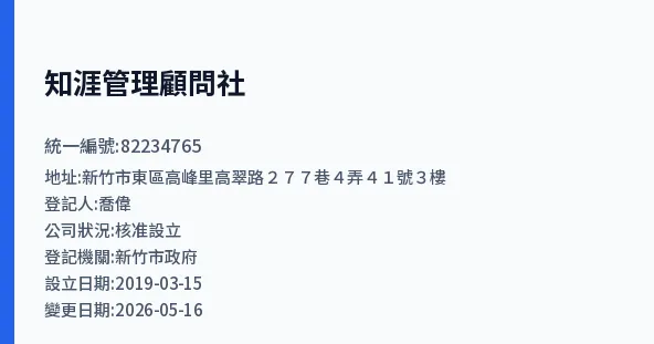 知涯管理顧問社的照片-統編 82234765(新竹市) 公司登記資料與營業項目詳細圖表